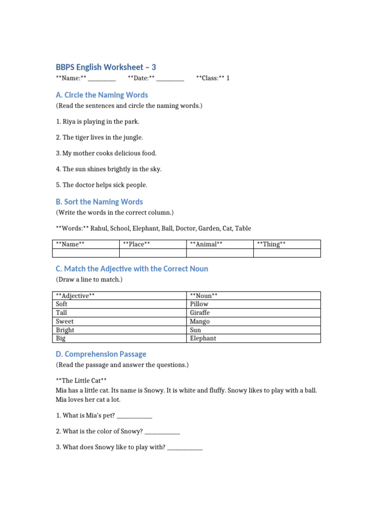 BBPS English Worksheet 3 | PDF