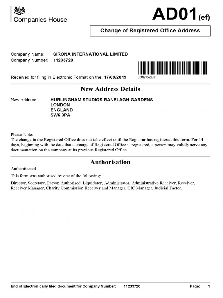 Registered Office Address Changed From, 20-22 Wenlock Road, London, N1 ...