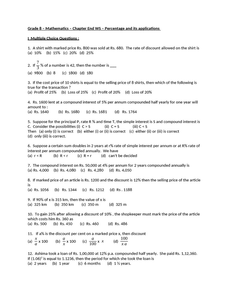 Grade 8 Percentage Applications Worksheet | PDF | Interest | Prices