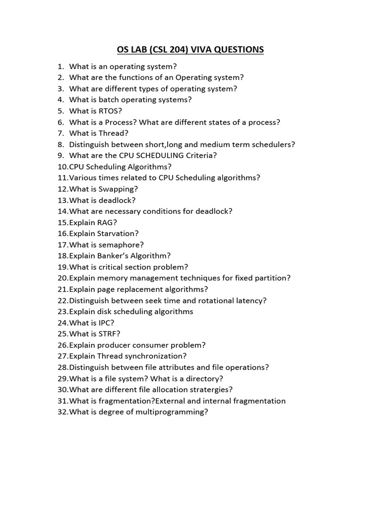 OS Lab Viva Questions for CSL 204 | PDF