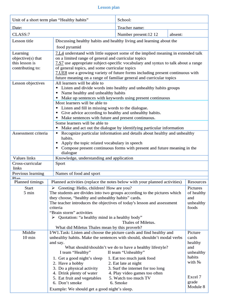 Lesson Plan - Healthy Habits | PDF | Learning | Vocabulary