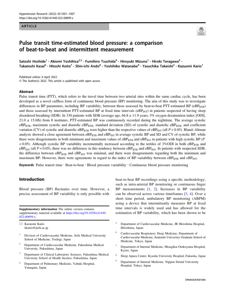 Pulse Transit Time Estimated Blood Pressure A Comparison of Beat To ...