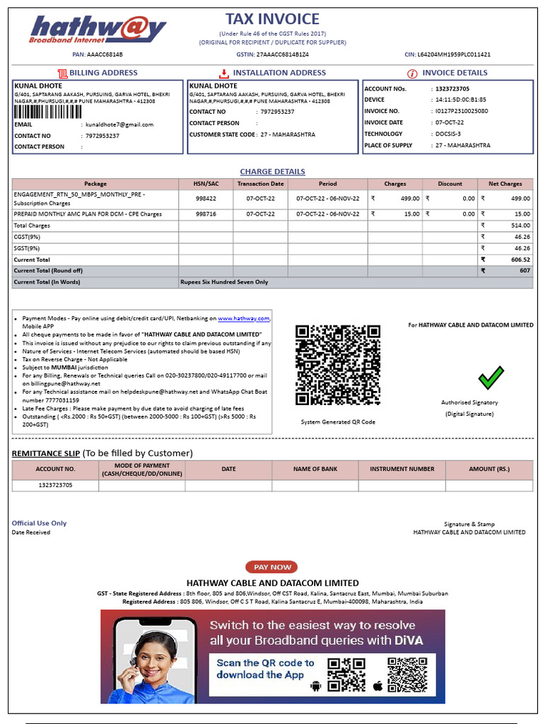 Tax Invoice for Internet Services | PDF | Invoice | Payments