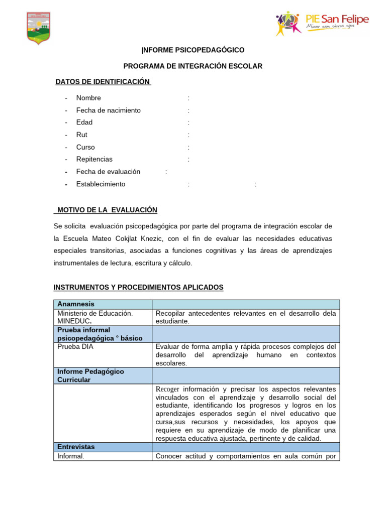 Formato informe evaluacion | PDF | Evaluación | Aprendizaje