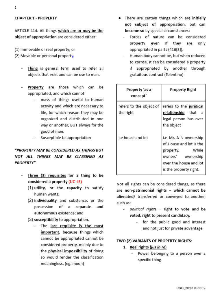 1. Notes on Immovable, Movable, Patrimonial Property (Dean Peng) | PDF ...