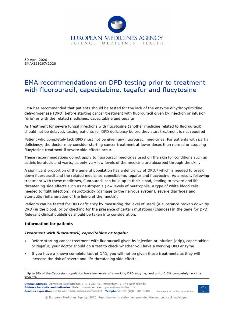 Ema Recommendations DPD Testing Prior Treatment Fluorouracil ...