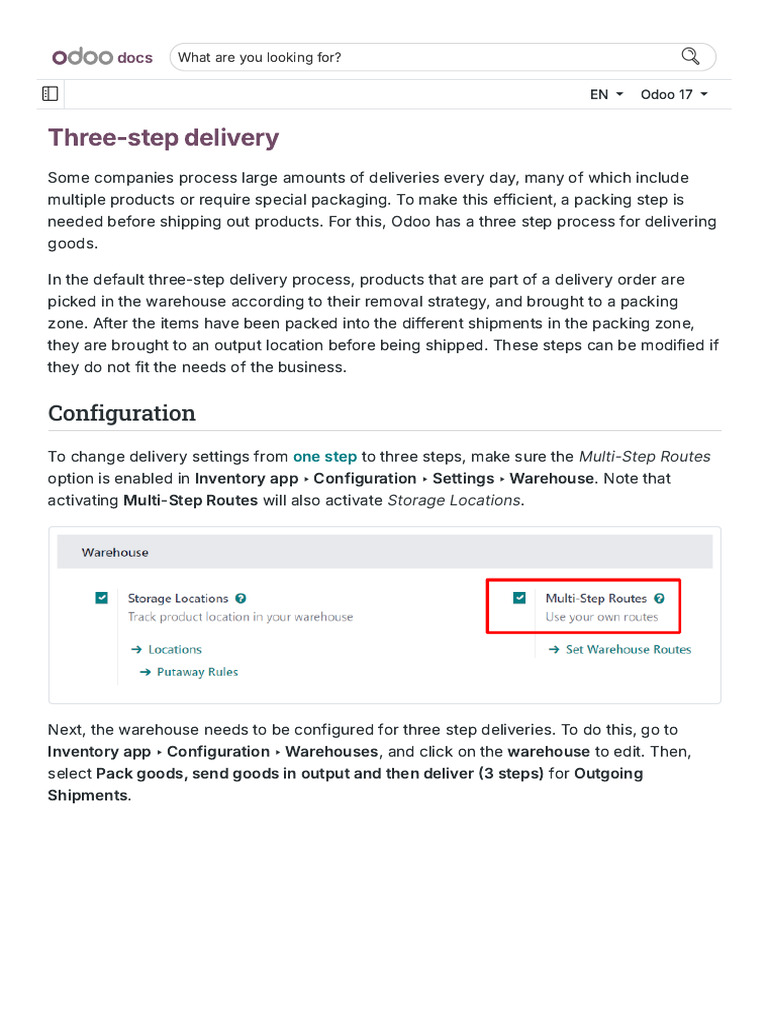 Three-Step Delivery - Odoo 17.0 Documentation | PDF | Warehouse | Computing