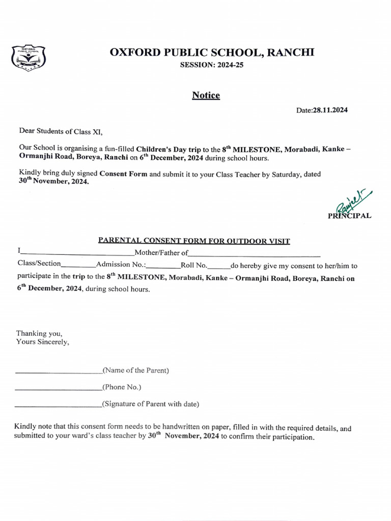 Notice For Children's Day Trip For Class XI | PDF
