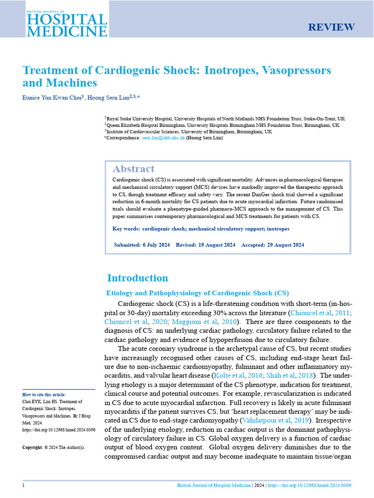 Choi Lim 2024 Treatment of Cardiogenic Shock Inotropes Vasopressors and ...
