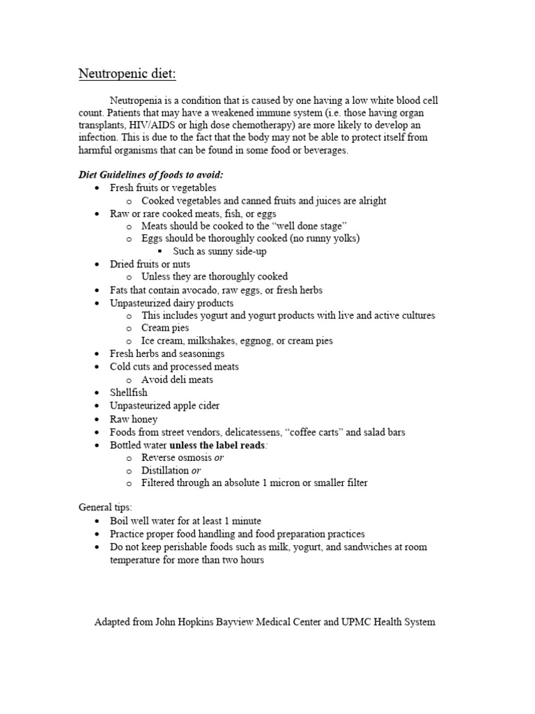 Neutropenic Diet: Foods to Avoid | PDF