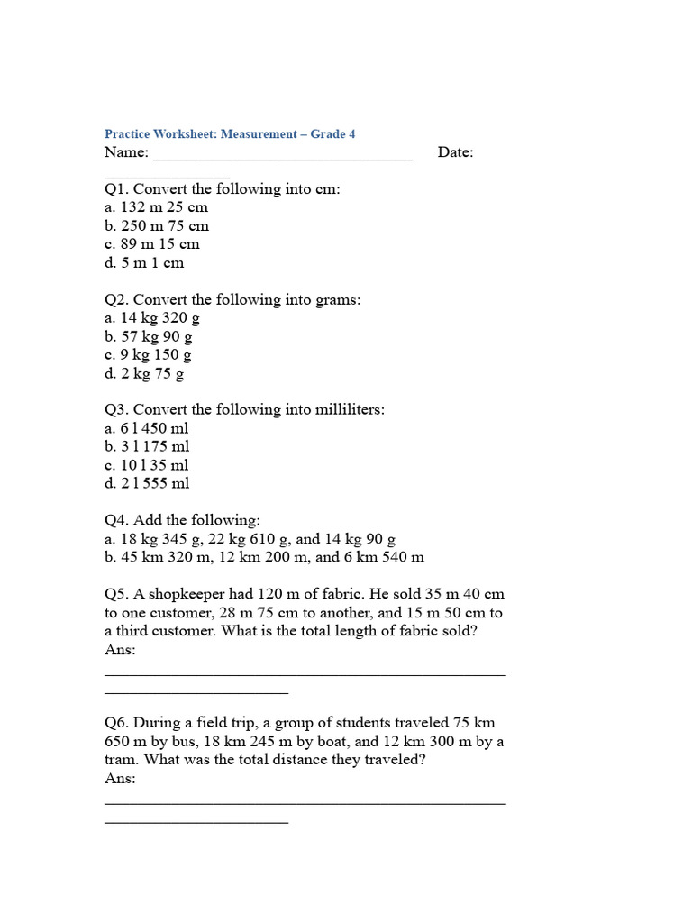 Measurement Practice Worksheet | PDF