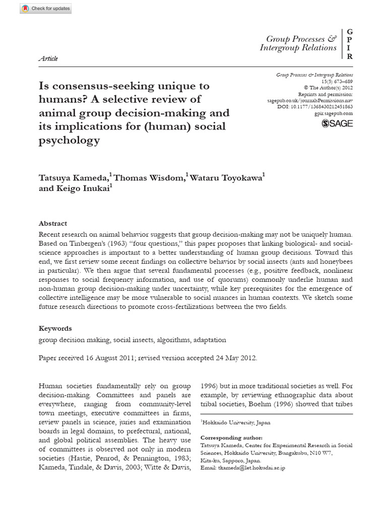 Kameda Et Al 2012 Is Consensus Seeking Unique To Humans A Selective ...
