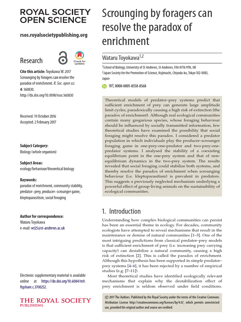 Toyokawa 2017 Scrounging by Foragers Can Resolve The Paradox of ...