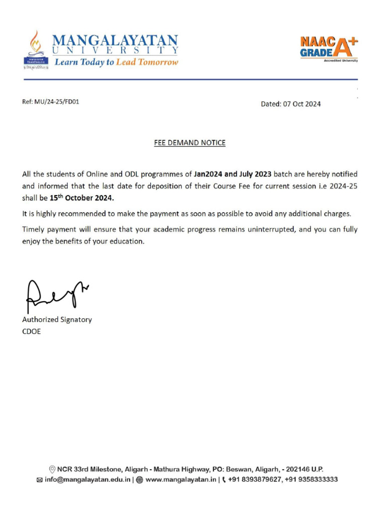 Fee Demand Notice-July'24 Session | PDF