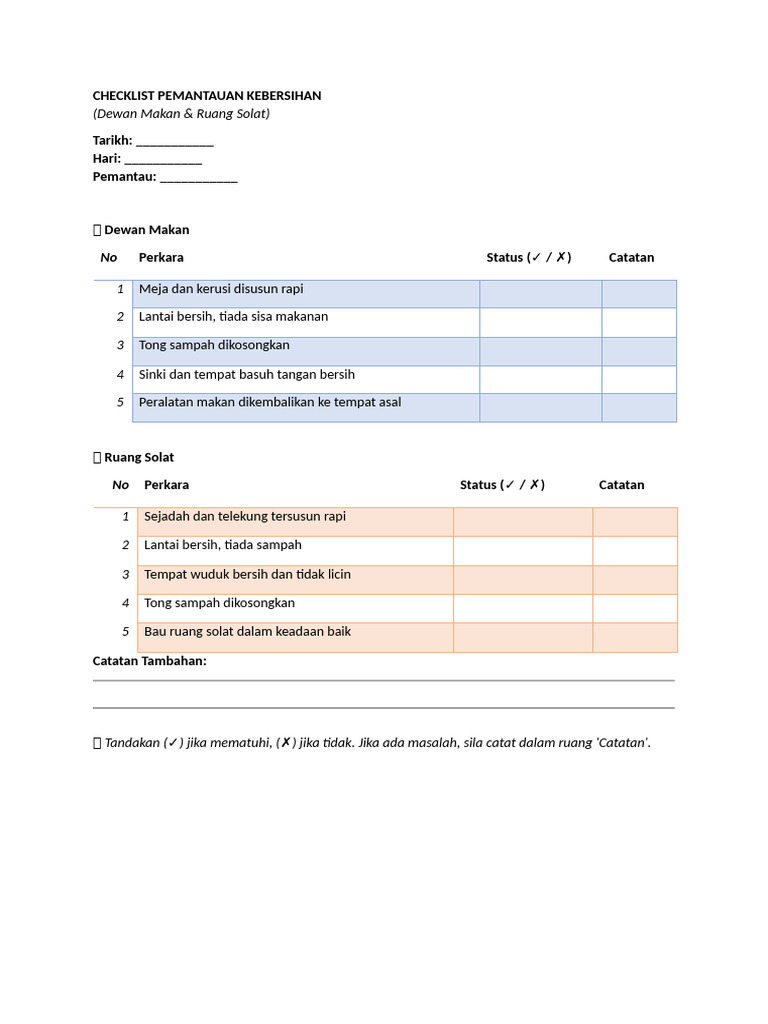 Checklist Kebersihan Dewan & Ruang Solat | PDF