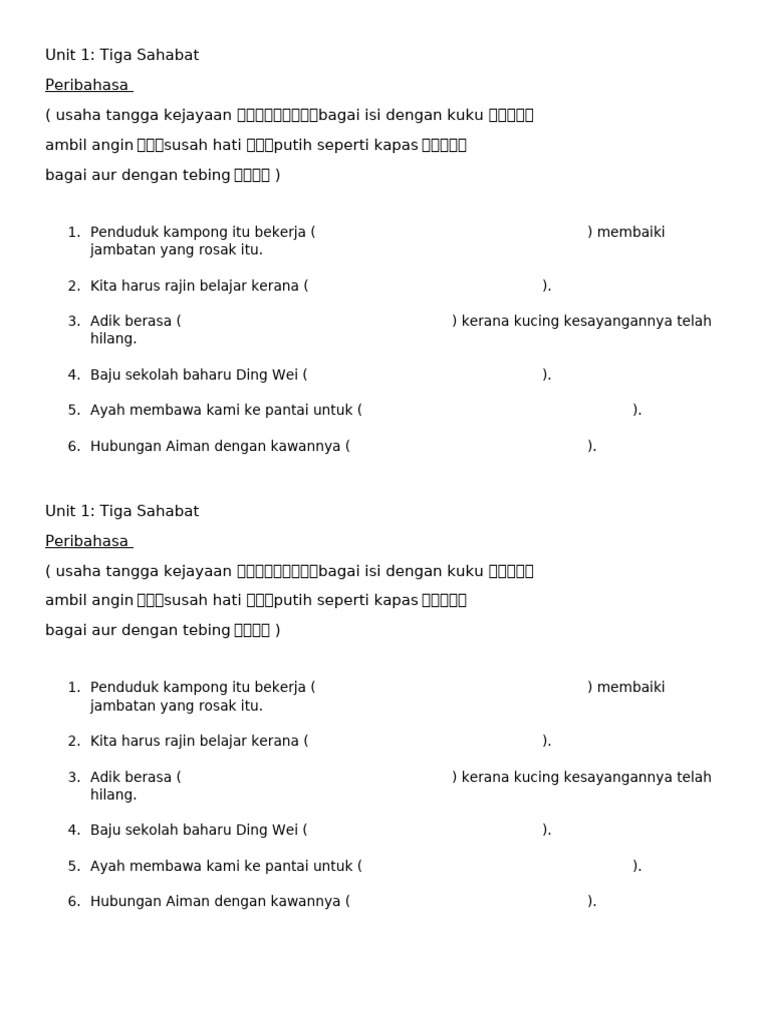Kosa Kata Bm Tahun 4 Unit 1 Peribahasa | PDF