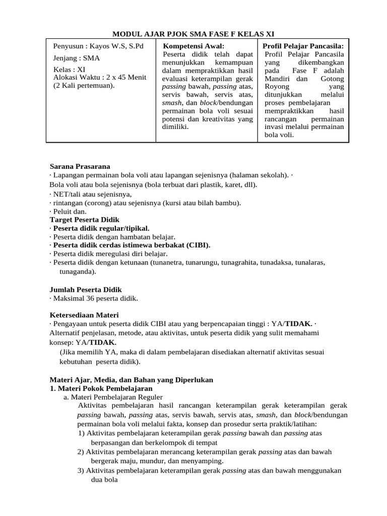 Sma Xi Modul Ajar Permainan Bola Voli | PDF