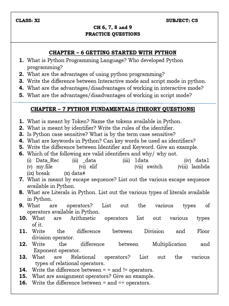 CH 6, 7, 8, 9 Practice Questions | PDF | Control Flow | Python ...