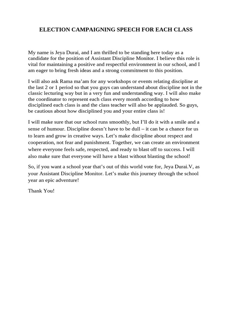 ELECTION CAMPAIGNING SPEECH FOR EACH CLASS | PDF