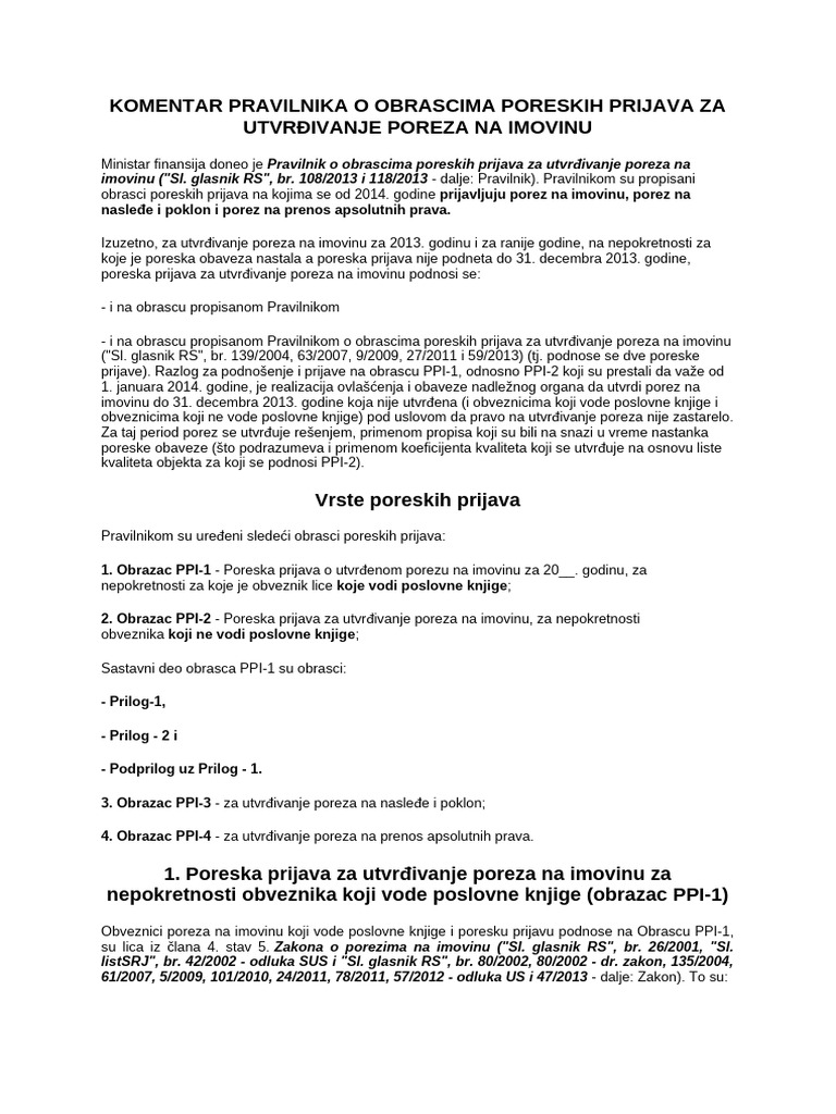 Komentar Pravilnika o Obrascima Poreskih Prijava Za Utvrđivanje Poreza Na Imovinu | PDF