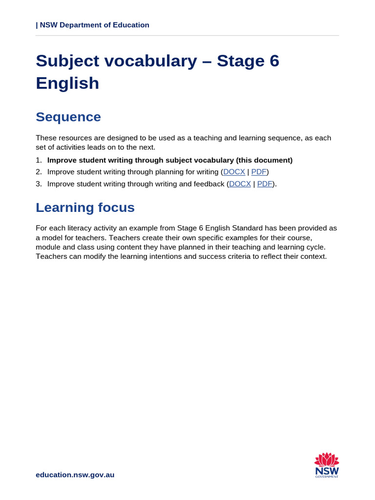 Subject Vocabulary Stage 6 English | PDF | Reading Comprehension ...
