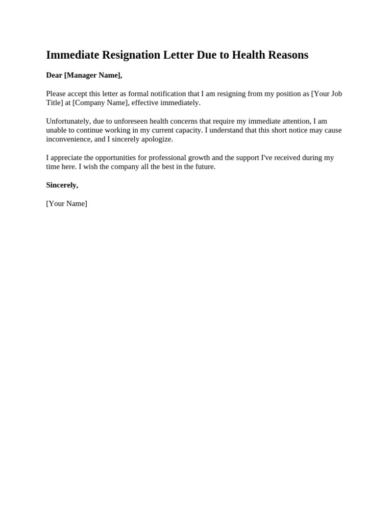 Immediate Resignation for Health Reasons | PDF