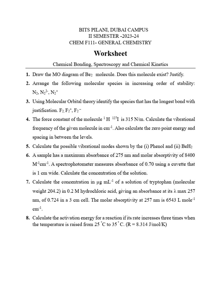 Worksheet Bonding Spectra Kinetics | PDF