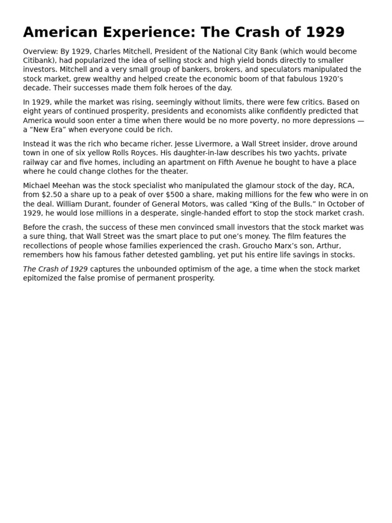 American Experience The Crash of 1929 | PDF | Wall Street Crash Of 1929 ...