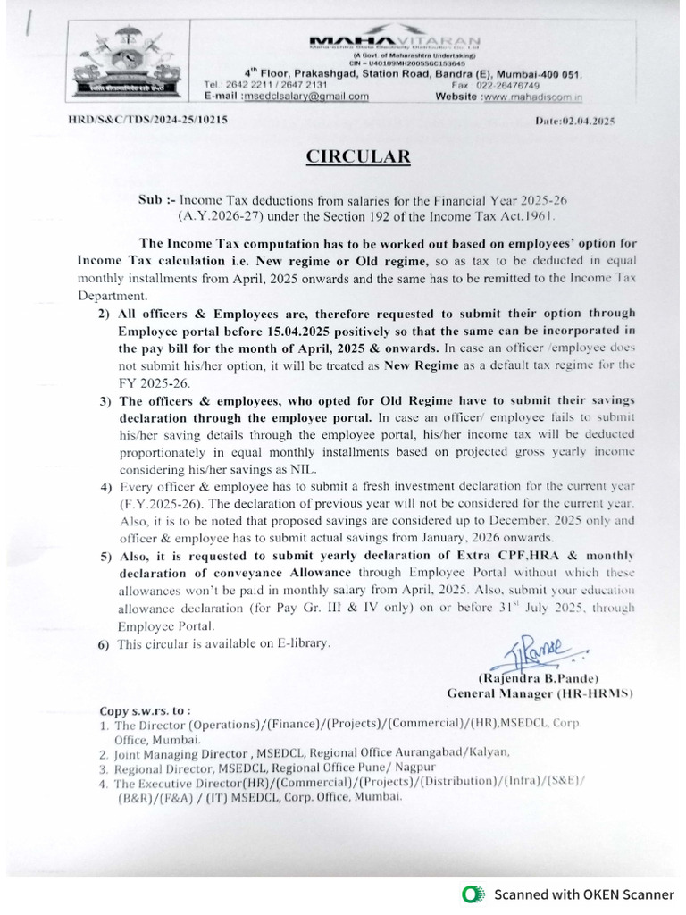 Income Tax Savings Declaration Circular 2025-26 - 250402 - 125810 | PDF