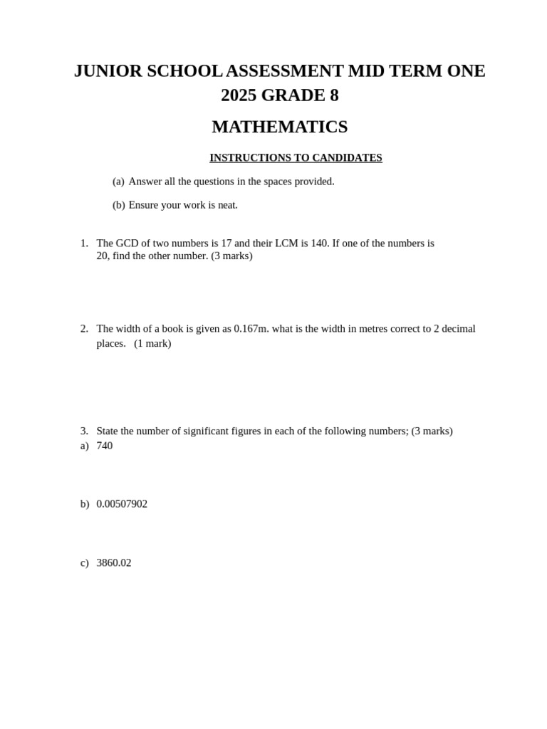 Grade 8 Math Mid Term Exam | PDF | Numbers | Mathematics