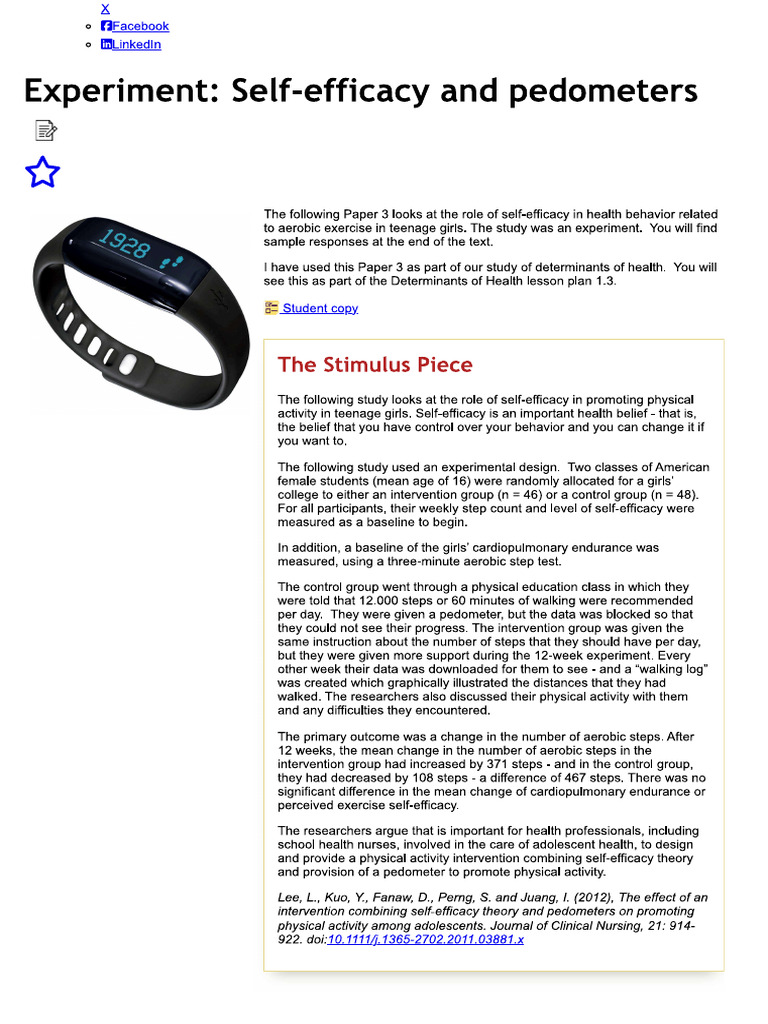 Experiment Self-Efficacy and Pedometers | PDF