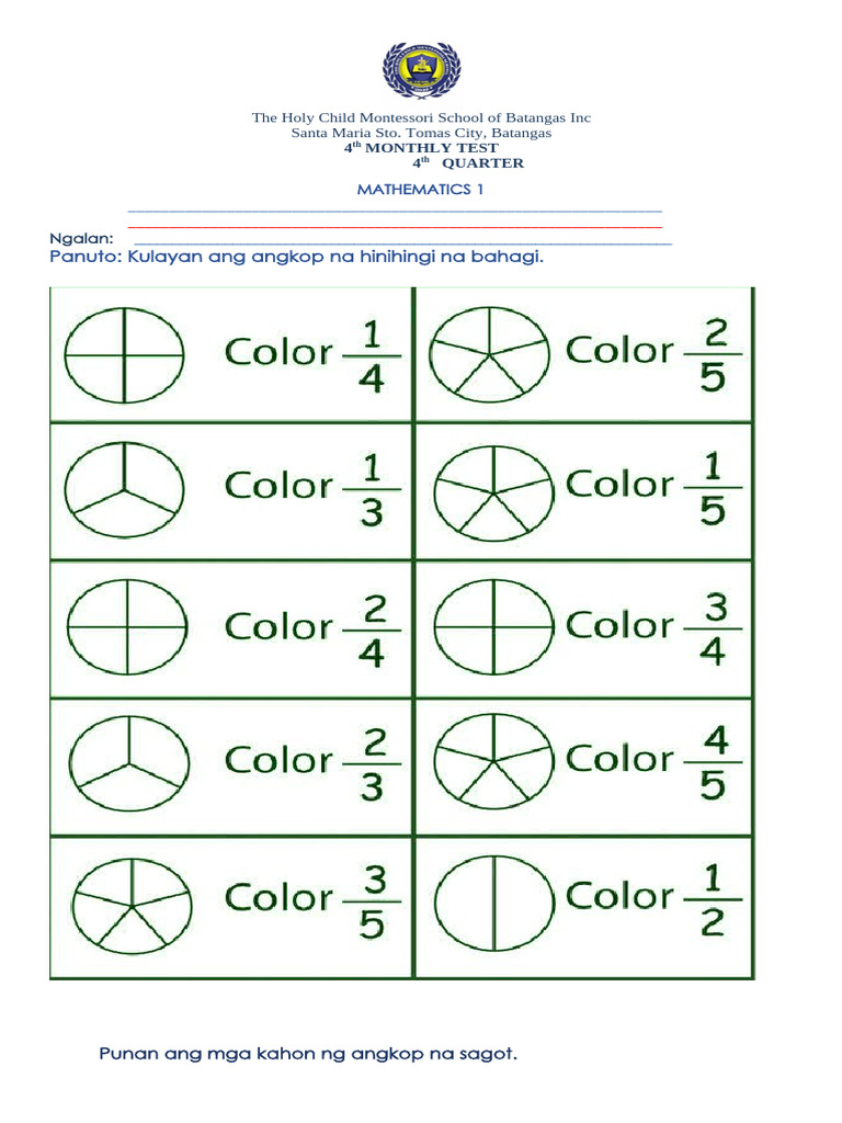 4th Quarter Math Test for Montessori 1 | PDF