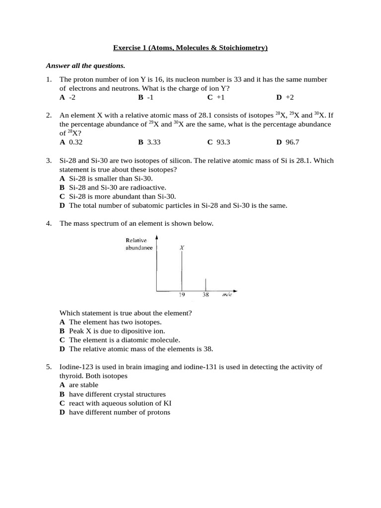 Exercise 1 (Atoms, Molecules & Stoichiometry) | PDF | Isotope ...