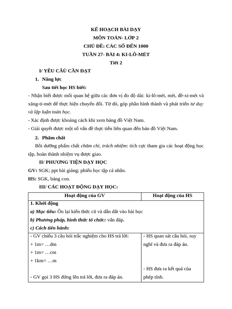 KHBD - Toán - Ki - Lô - Mét (T2) | PDF