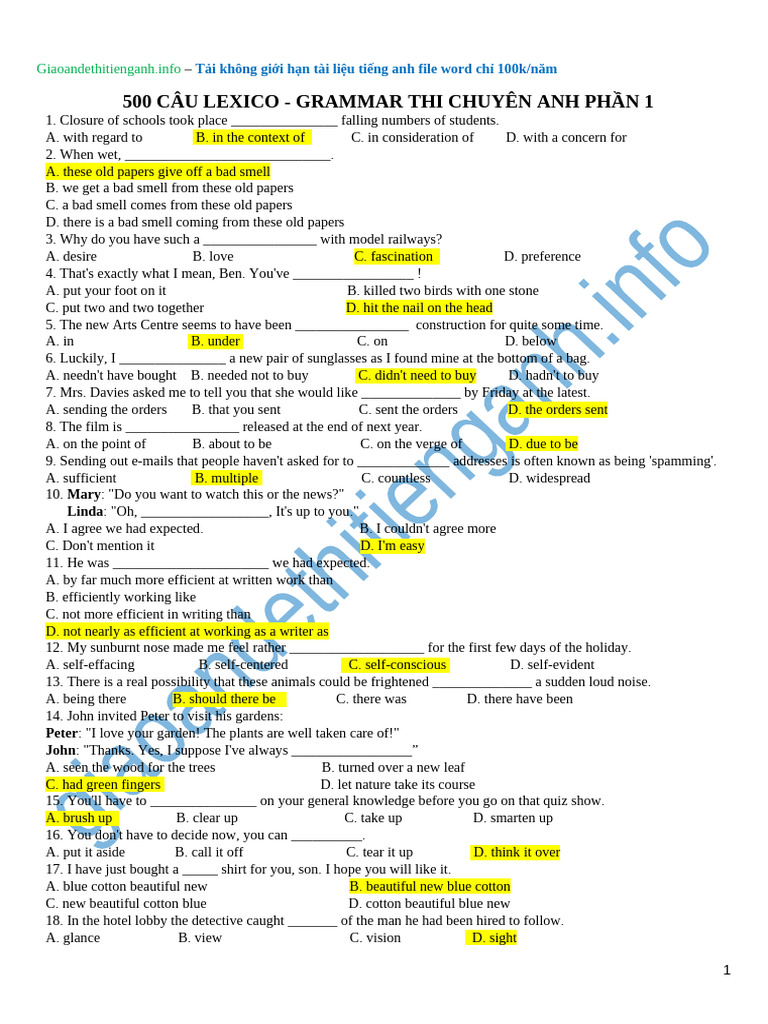 3 Key 500 Câu Lexico - Grammar Thi Chuyên Anh Phần 1 | PDF
