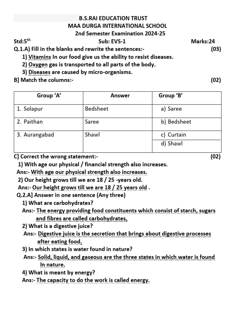 5th STD Evs 1 Set A and Set B Edited | PDF | Foods | Digestion