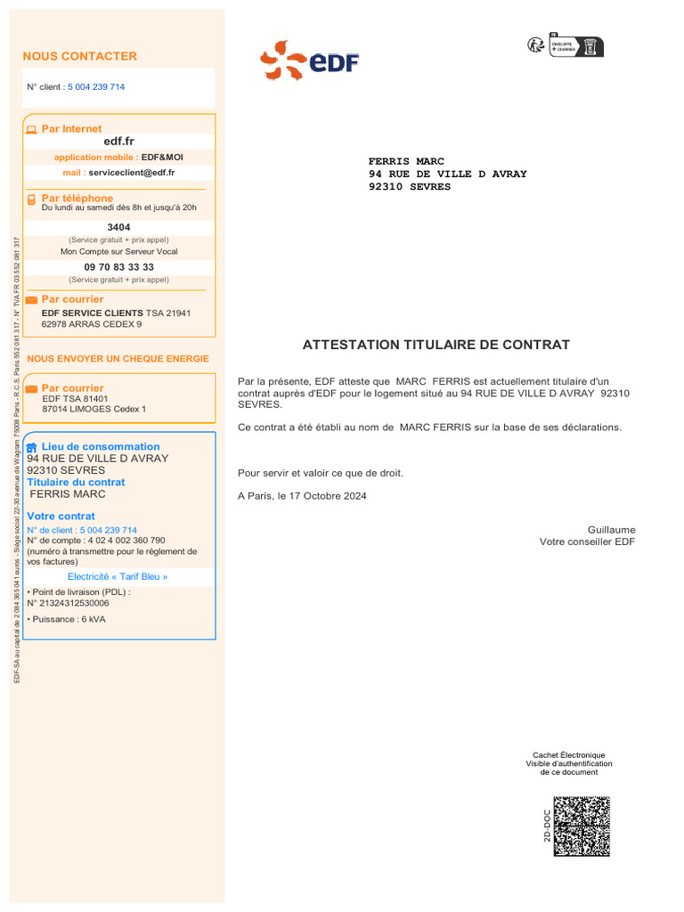 Attestation de contrat EDF pour Marc Ferris | PDF | Télécommunications ...