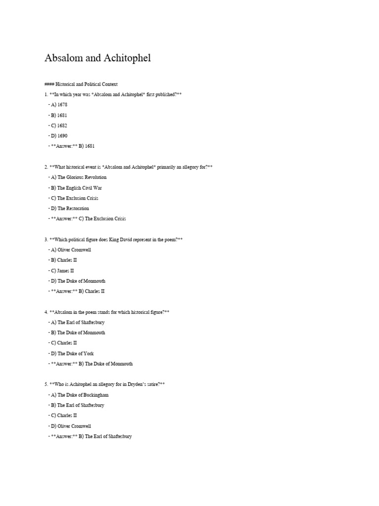 Absalom and Achitophel Overview | PDF