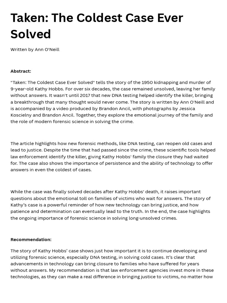 Taken The Coldest Case Ever Solved PDF | PDF | Cold Case | Forensic Science