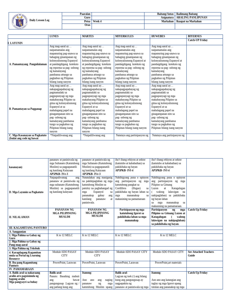Dll Week 4 q4 AP 5 | PDF