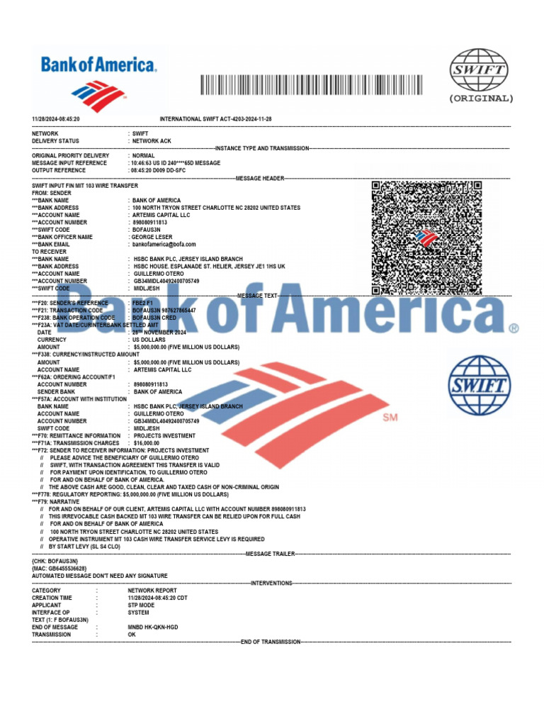 Bank of America MT103 Transfer Receipt | PDF | Wire Transfer | Banks