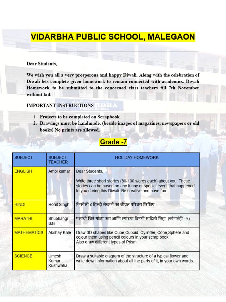Diwali Homework Instructions for Grade 7 | PDF