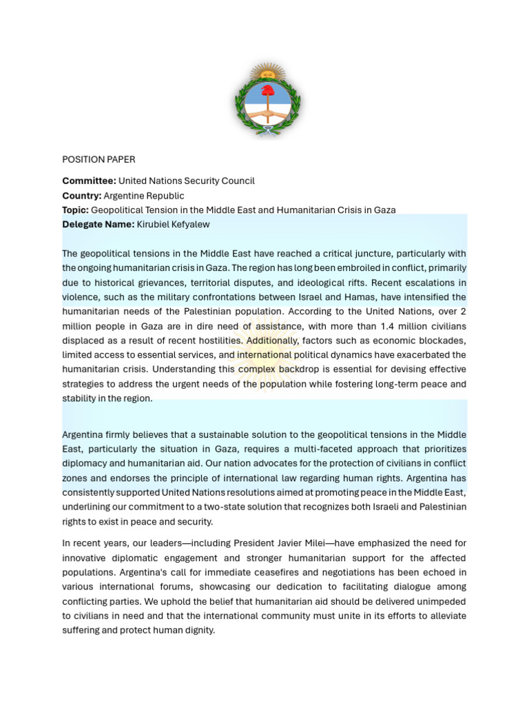 Kirubel MUN Position Paper | PDF | Gaza Strip | Humanitarian Aid