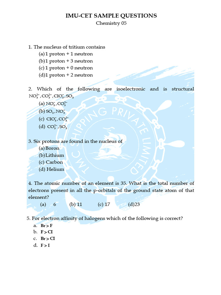 IMU-CET Chemistry Sample Questions | PDF | Ion | Proton
