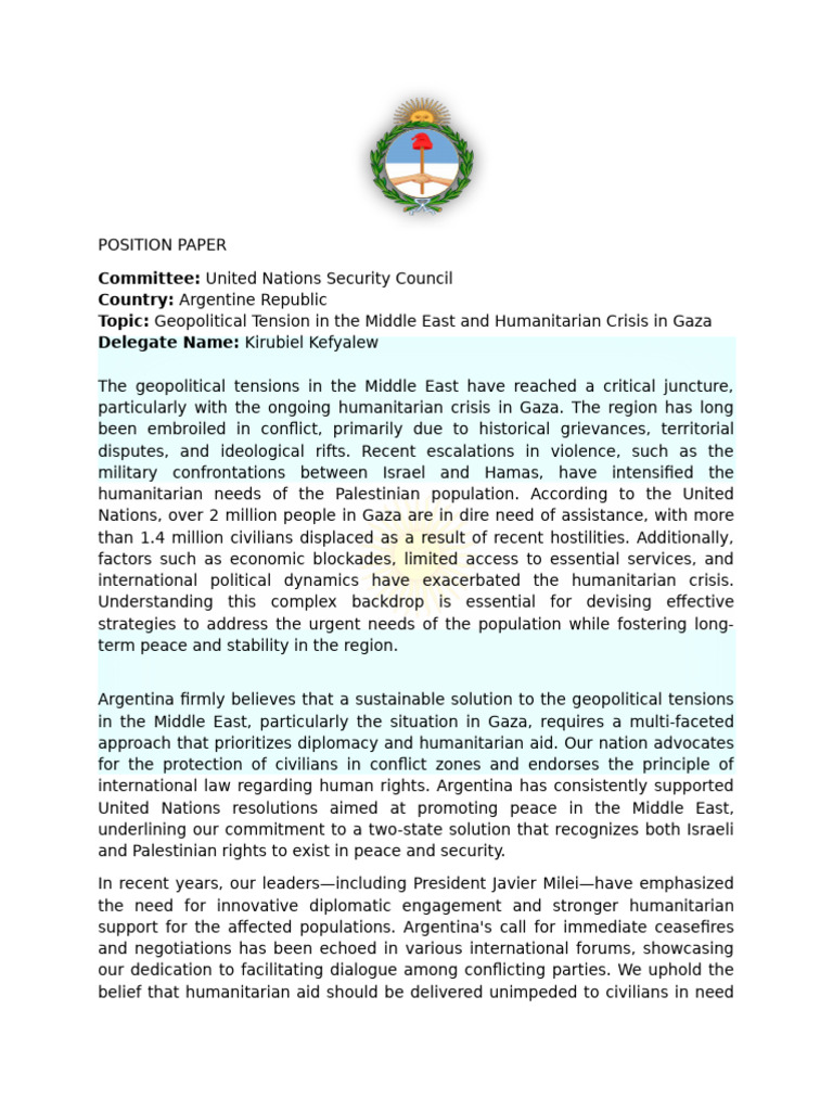 Kirubel MUN Position Paper | PDF | Gaza Strip | Humanitarian Aid