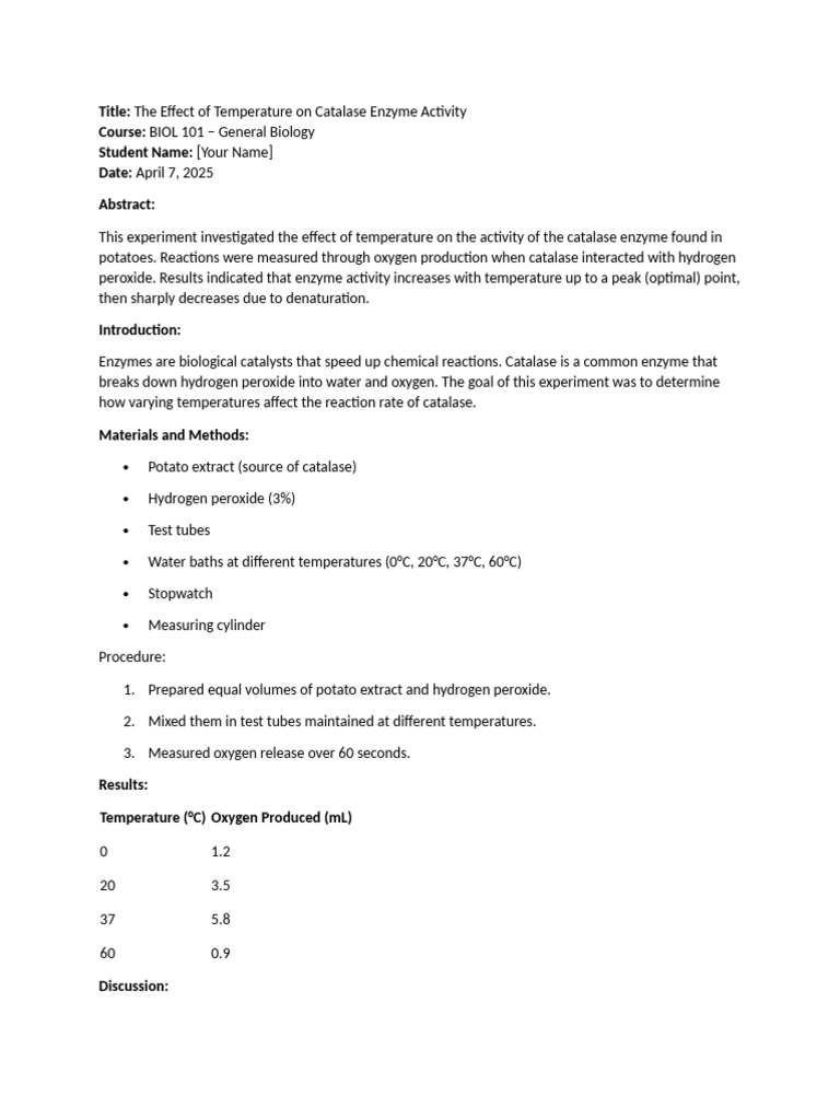 Optimal Temperature for Catalase Activity | PDF