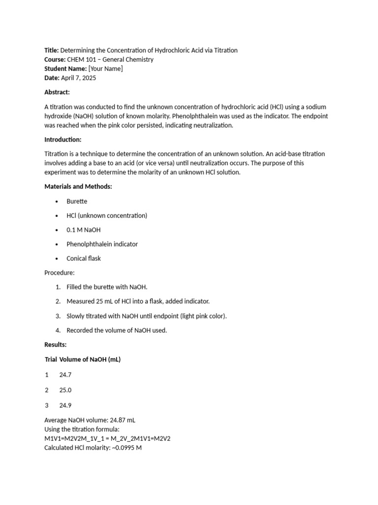 Determining The Concentration of Hydrochloric Acid Via Titration | PDF