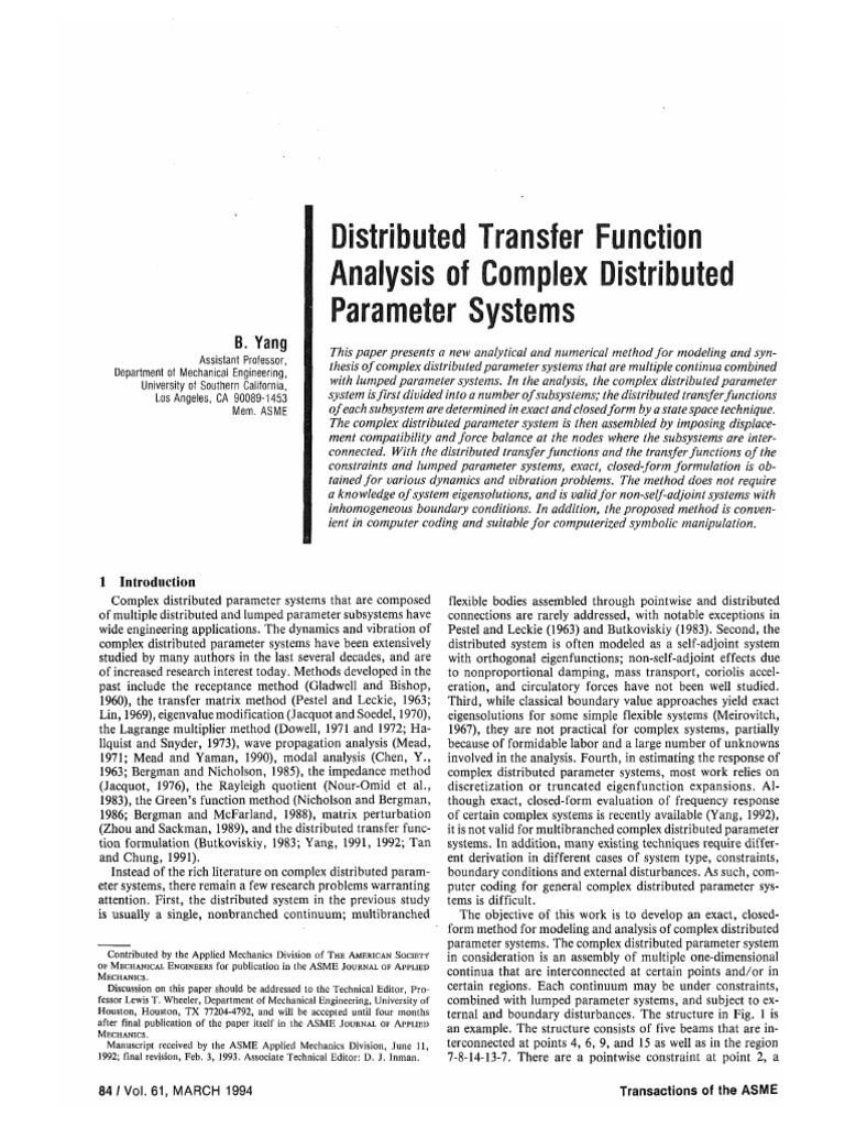 DISTRIBUTED TRANSFER FUNCTION ANALYSIS OF COMPLES DISTRIBUTED PARAMETER SYSTEMS - Yang1994 | PDF ...