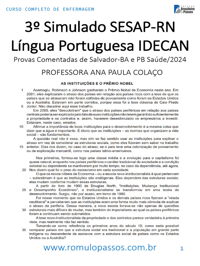 3º Simulado SESAP-RN - Português IDECAN | PDF