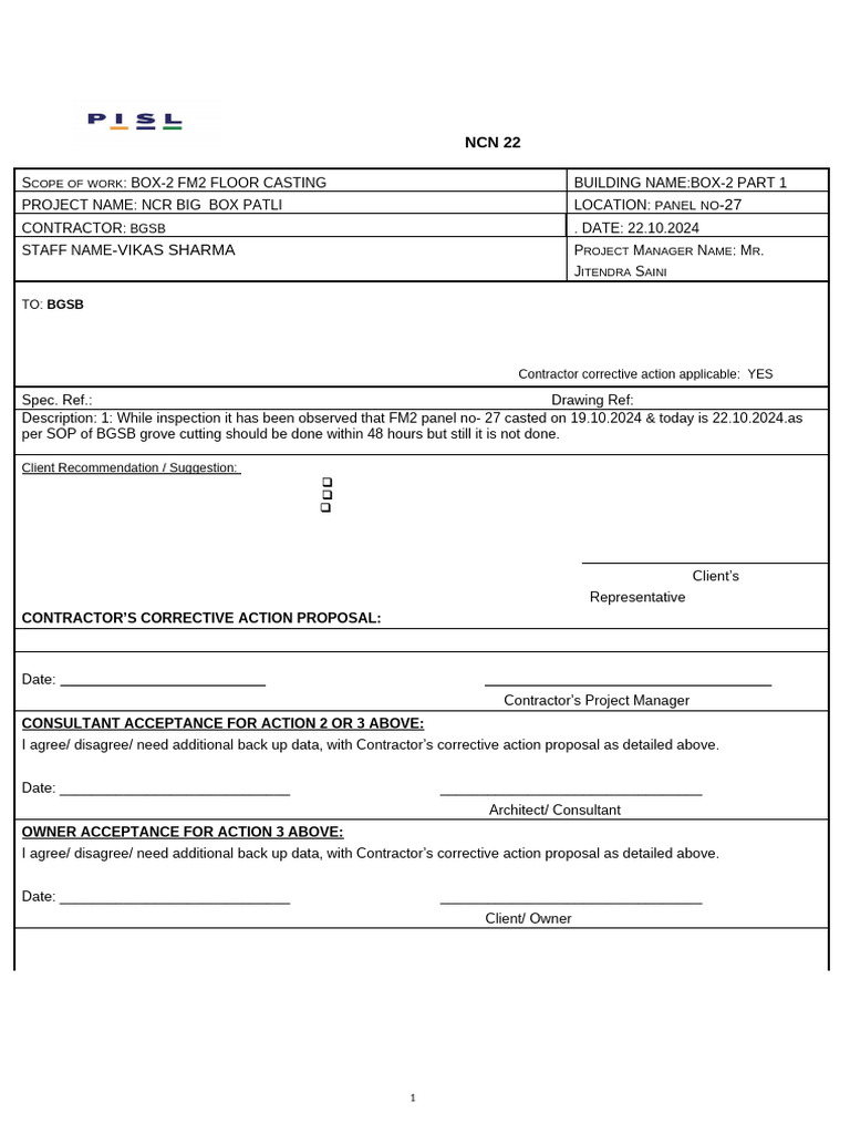 Non Conformance Notice 22 | PDF